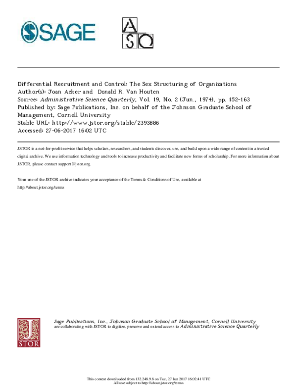 Pdf Differential Recruitment And Control The Sex Structuring Of Organizations 