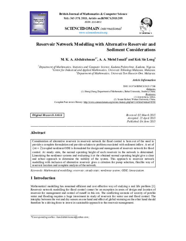 Pdf Reservoir Network Modelling With Alternative Reservoir And