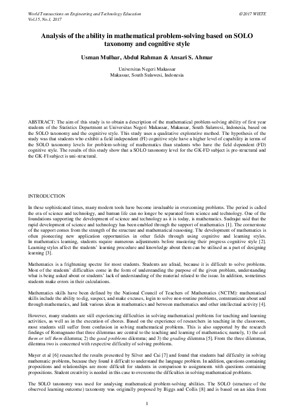 Pdf Analysis Of The Ability In Mathematical Problem Solving Based On 1976