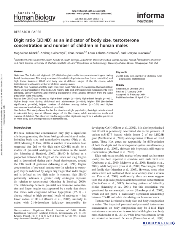 (PDF) Digit ratio (2D:4D) as an indicator of body size, testosterone ...