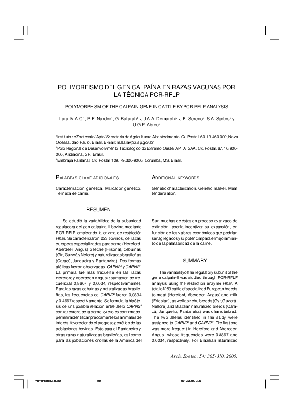 (PDF) POLIMORFISMO DEL GEN CALPAÍNA EN RAZAS VACUNAS POR LA TÉCNICA PCR ...