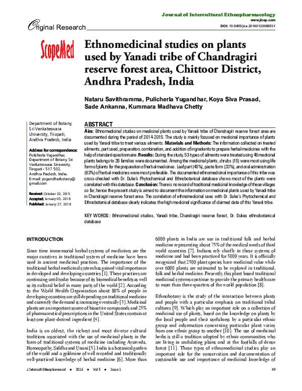 (PDF) Ethnomedicinal studies on plants used by Yanadi tribe of ...