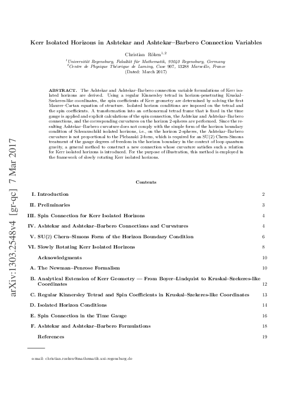 (PDF) Kerr isolated horizons in Ashtekar and Ashtekar-Barbero connection variables