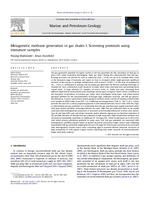 (PDF) Metagenetic methane generation in gas shales I. Screening ...