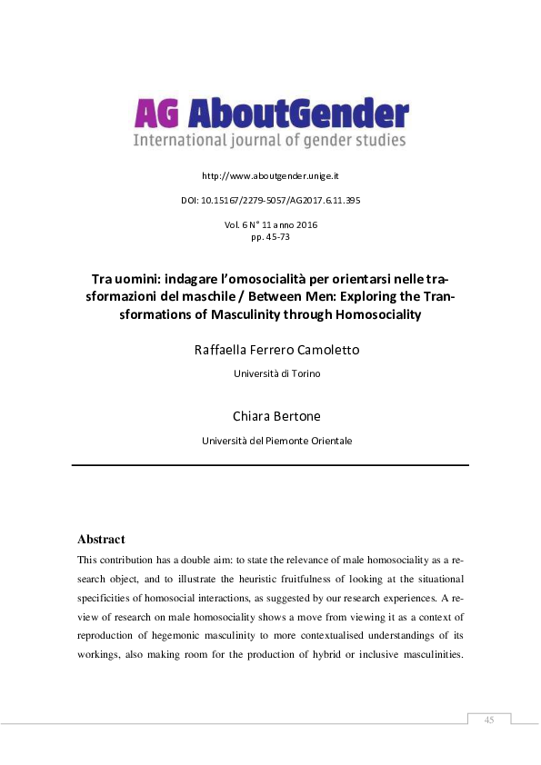 (PDF) Tra uomini: indagare l'omosocialità per orientarsi nelle tra ...