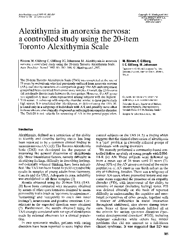 (PDF) Alexithymia in anorexia nervosa: a controlled study using the 20 ...