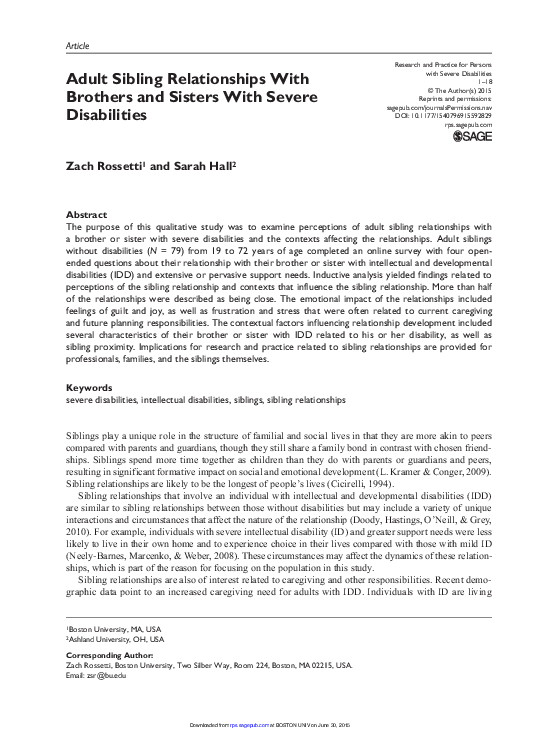(PDF) Adult Sibling Relationships With Brothers and Sisters With Severe ...