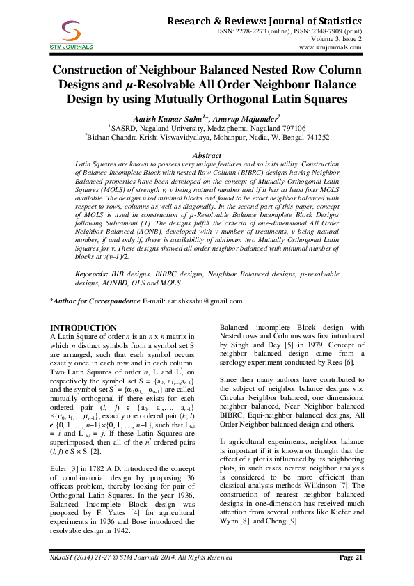 (PDF) Construction of Neighbour Balanced Nested Row Column Designs and µ-Resolvable All Order ...