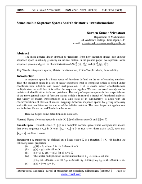 (PDF) Some Double Sequence Spaces And Their Matrix Transformations