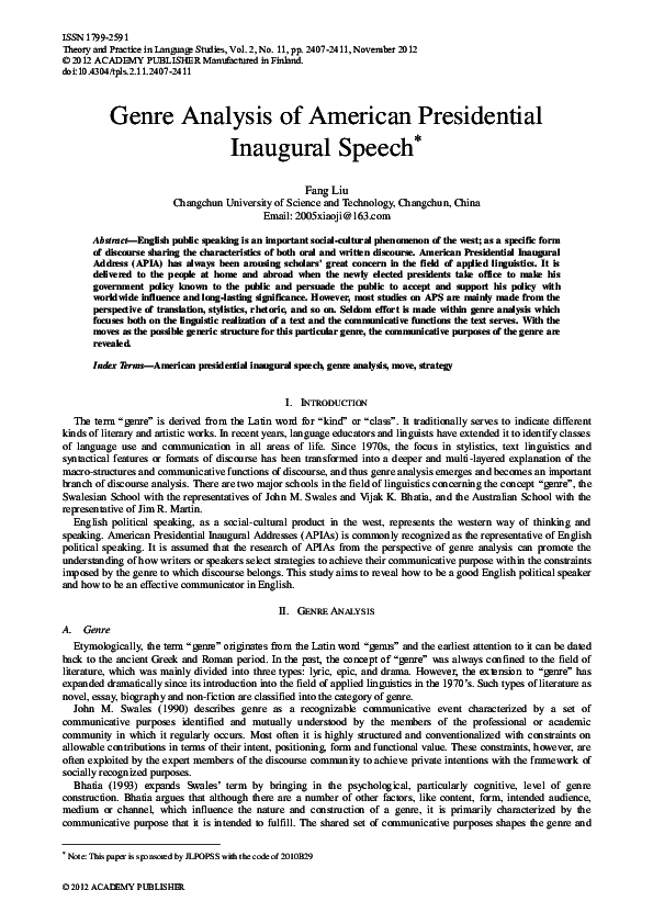 (PDF) Genre Analysis of American Presidential Inaugural Speech