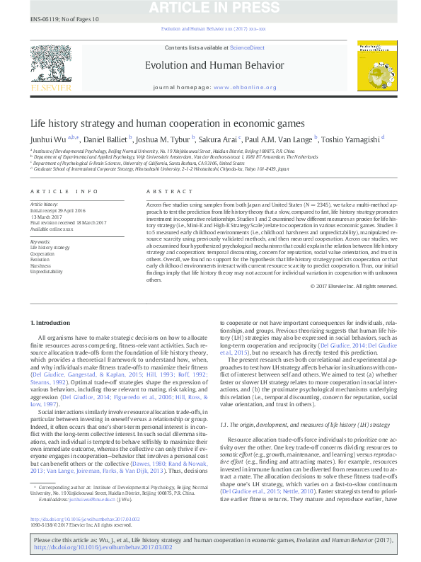 Life history strategy and human cooperation in economic games