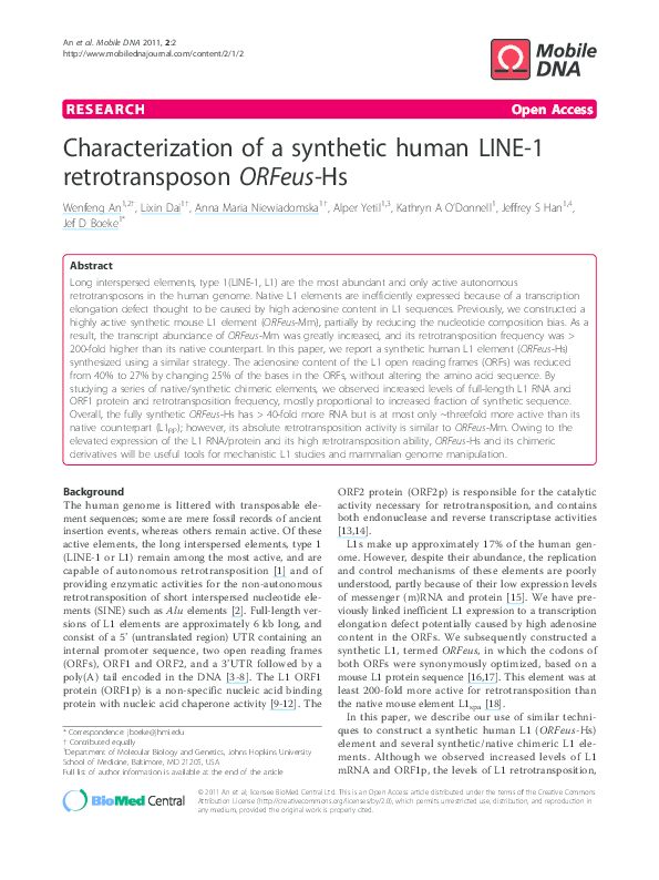 (PDF) Characterization of a synthetic human LINE-1 retrotransposon ...