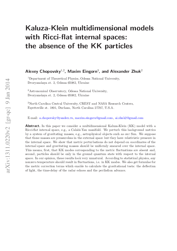 (PDF) Kaluza-Klein multidimensional models with Ricci-flat internal ...