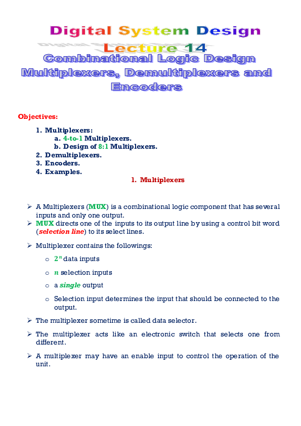 (PDF) Lecture 14 Multiplexers Demultiplexers and Encoders