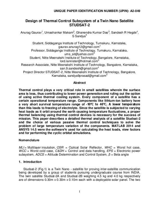 (PDF) Design of Thermal Control Subsystem of a Twin Nano Satellite ...