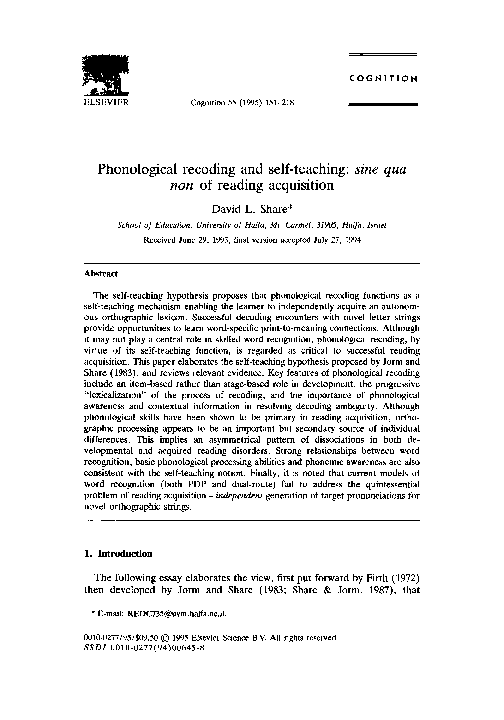 (PDF) Phonological recoding and reading acquisition