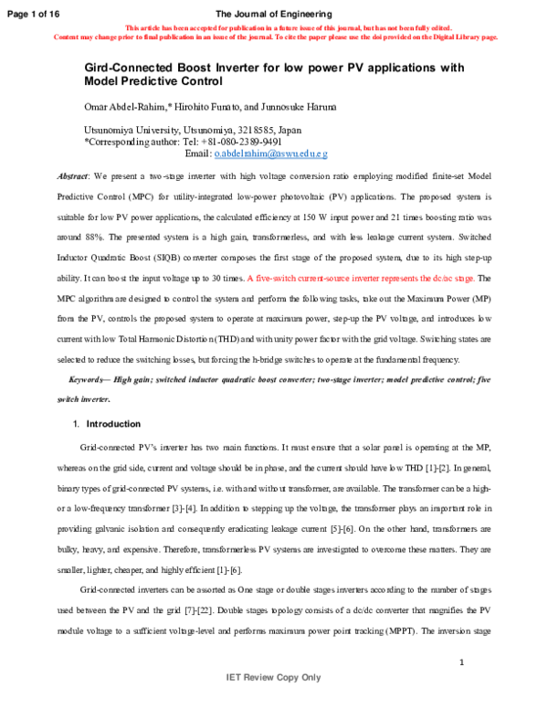 Pdf Gird Connected Boost Inverter For Low Power Pv Applications With Model Predictive Control