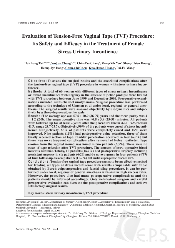 (PDF) Evaluation of Tension-free Vaginal Tape (TVT) Procedure: Its ...