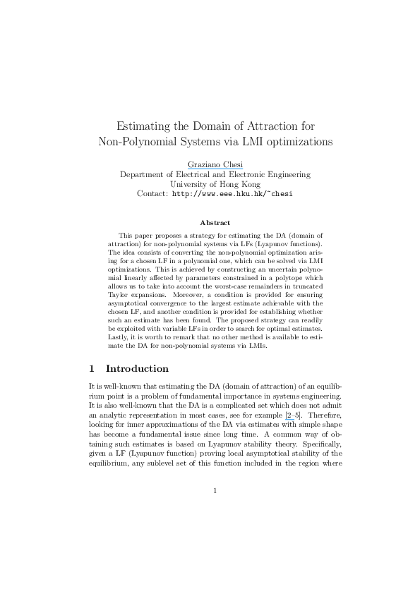 Pdf Estimating The Domain Of Attraction For Non Polynomial Systems Via Lmi Optimizations