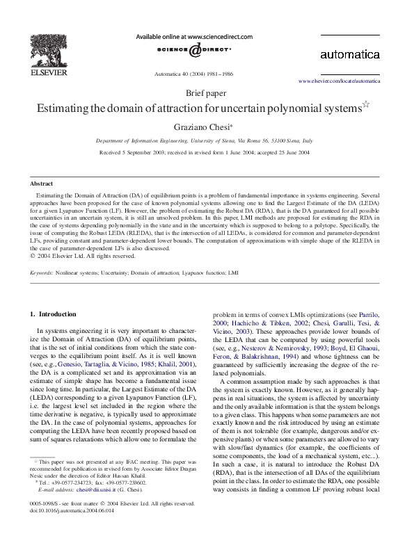 Pdf Estimating The Domain Of Attraction For Uncertain Polynomial Systems