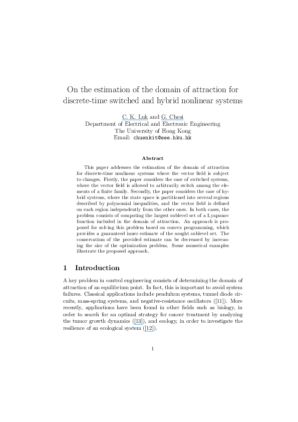 Pdf On The Estimation Of The Domain Of Attraction For Discrete Time Switched And Hybrid