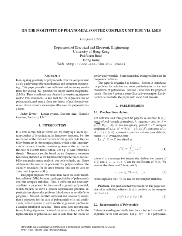 (PDF) On the positivity of polynomials on the complex unit disc via LMIs