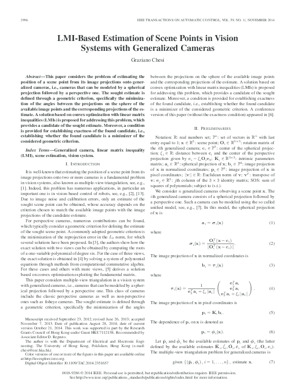 Pdf Lmi Based Estimation Of Scene Points In Vision Systems With Generalized Cameras