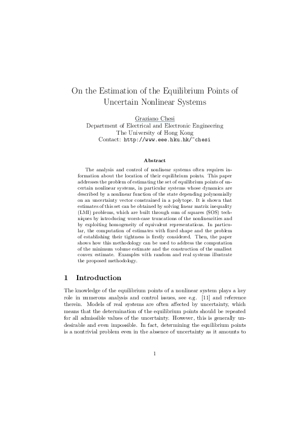 Pdf On The Estimation Of The Equilibrium Points Of Uncertain Nonlinear Systems