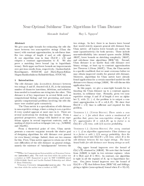 Pdf Near Optimal Sublinear Time Algorithms For Ulam Distance Huy Nguyen And A Andoni