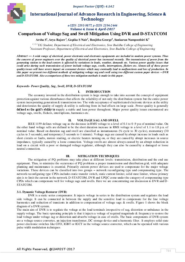 Pdf Comparison Of Voltage Sag And Swell Mitigation Using Dvr And D