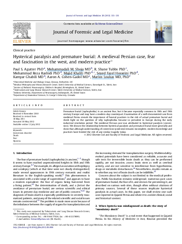 (PDF) Hysterical paralysis and premature burial: A medieval Persian ...