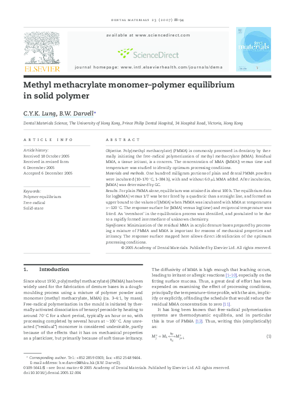(PDF) Methyl methacrylate monomer–polymer equilibrium in solid polymer