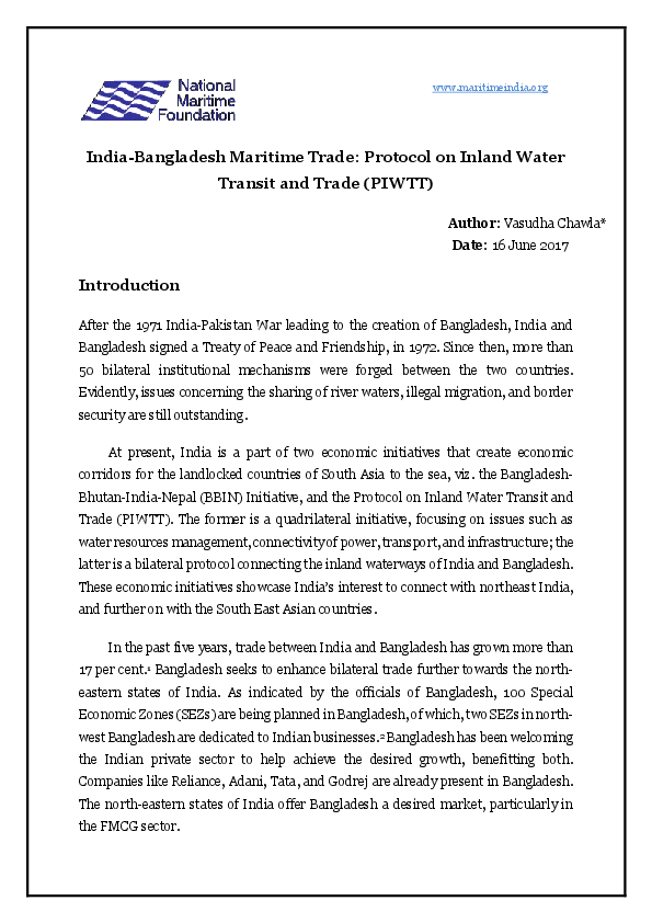 (PDF) India-Bangladesh Maritime Trade: Protocol on Inland Water Transit ...