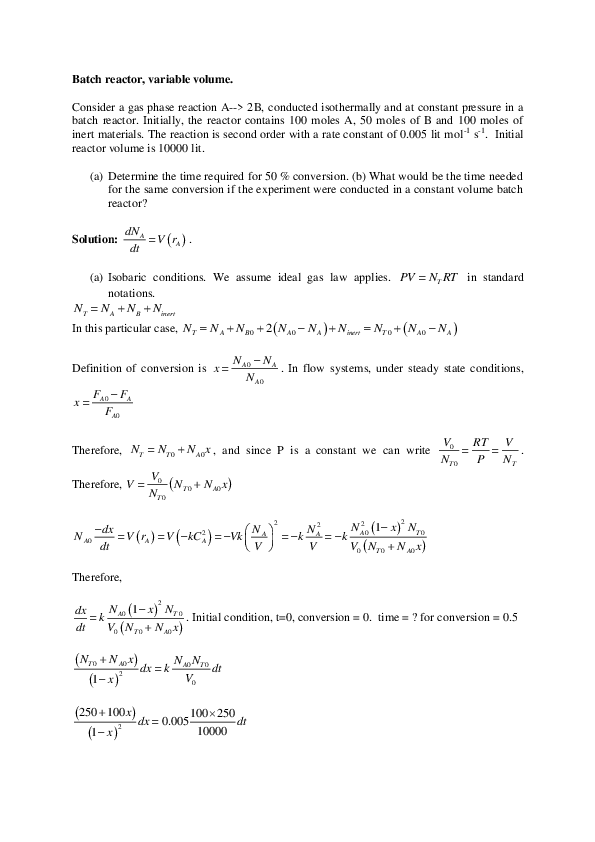 (PDF) Batch reactor, variable volume
