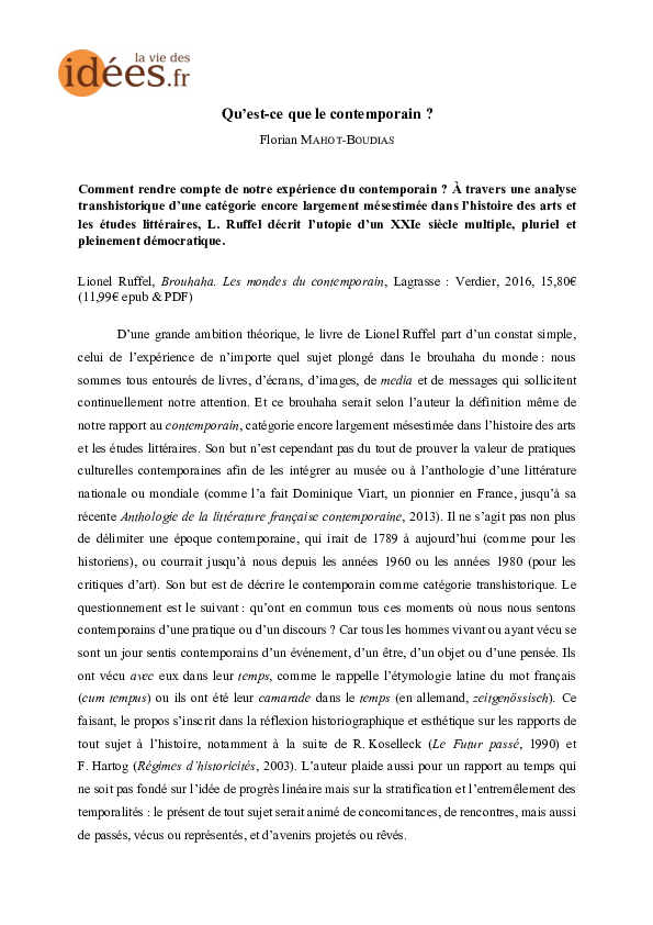 (PDF) Qu’est-ce que le contemporain ?, à propos de Brouhaha, Les Mondes ...