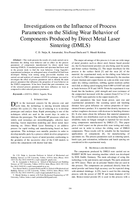 (PDF) Investigations on the Influence of Process Parameters on the Sliding Wear Behavior of ...