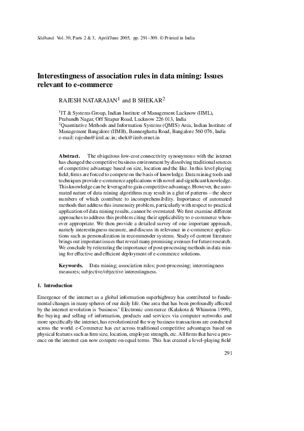 Pdf Interestingness Of Association Rules In Data Mining Issues Relevant To E Commerce