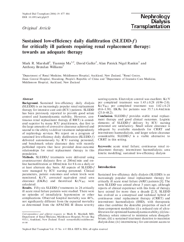 (PDF) Sustained low-efficiency daily diafiltration (SLEDD-f) for ...