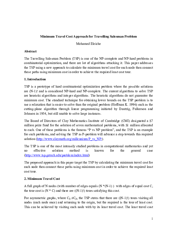 (PDF) Minimum Travel Cost Approach for Travelling Salesman Problem