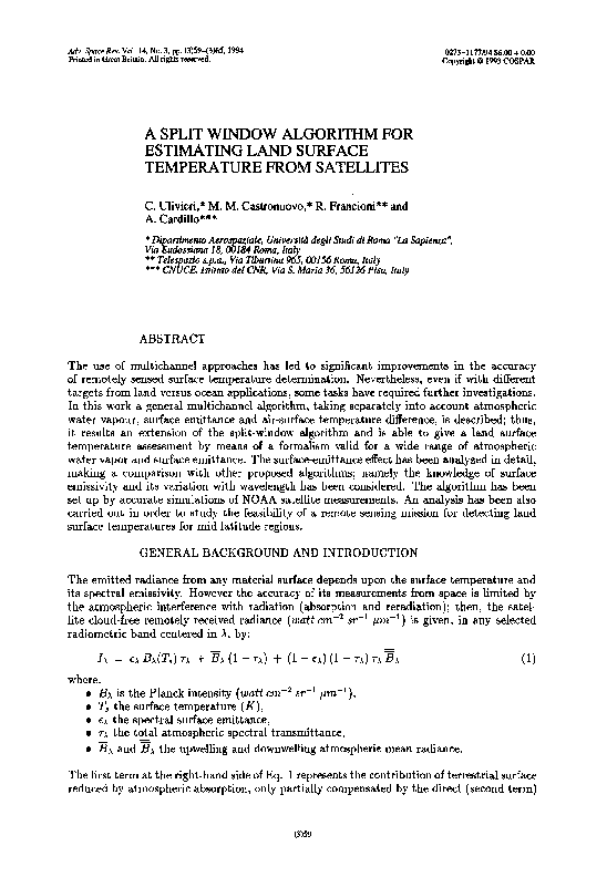 Pdf A Split Window Algorithm For Estimating Land Surface Temperature