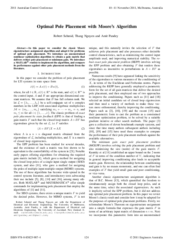 (PDF) Optimal Pole Placement with Moore's Algorithm