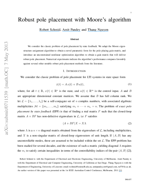 (PDF) Robust Pole Placement With Moore's Algorithm (PDF) Robust Pole Placement With Moore's Algorithm