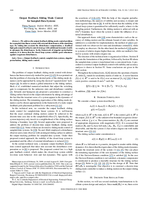(PDF) Output Feedback Sliding Mode Control for Sampled-Data Systems | Thang Nguyen - Academia.edu