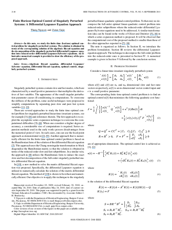 Pdf Finite Horizon Optimal Control Of Singularly Perturbed Systems A Differential Lyapunov 5895