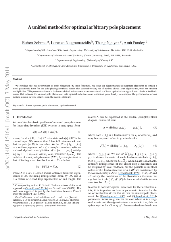 (PDF) A unified method for optimal arbitrary pole placement (PDF) A unified method for optimal arbitrary pole placement