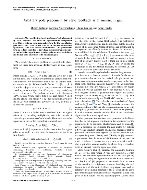 (PDF) Arbitrary pole placement by state feedback with minimum gain