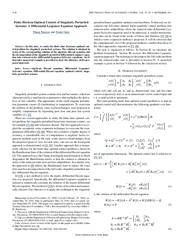 (PDF) Solving the singularly perturbed matrix differential Riccati equation: A Lyapunov equation ...