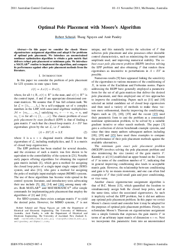(PDF) Optimal Pole Placement with Moore's Algorithm | Thang Nguyen ... (PDF) Optimal Pole Placement with Moore's Algorithm | Thang Nguyen ...