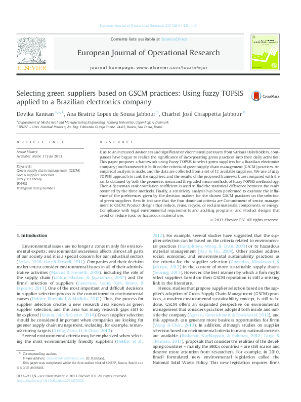 Pdf Selecting Green Suppliers Based On Gscm Practices Using Fuzzy