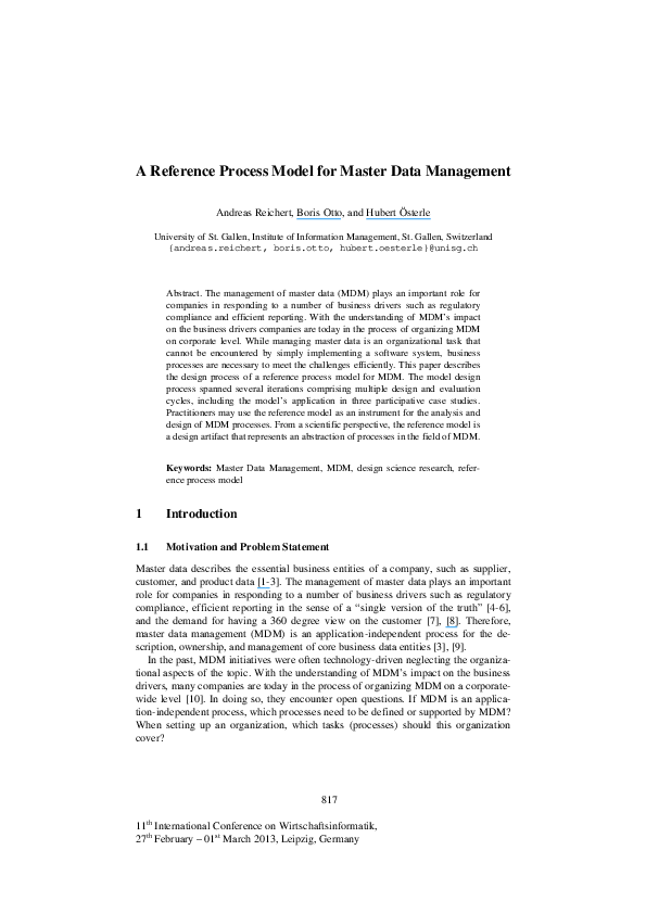 (PDF) A Reference Process Model for Master Data Management